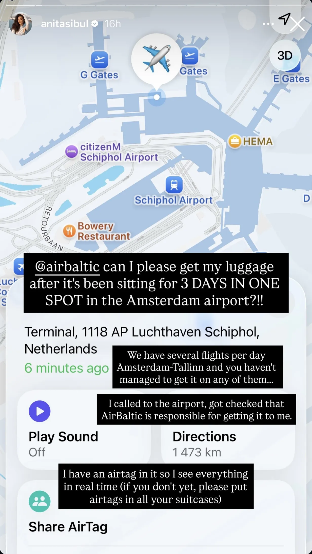 Amsterdamist Tallinna lennanud Anita Sibul ajab juba päevi oma pagasit ...