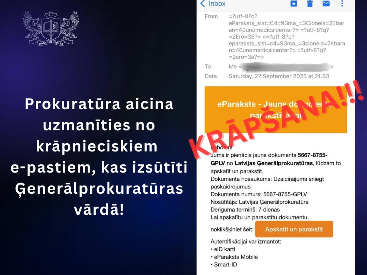 Krāpnieki Ģenerālprokuratūras vārdā iedzīvotājiem izsūtījuši ziņojumus